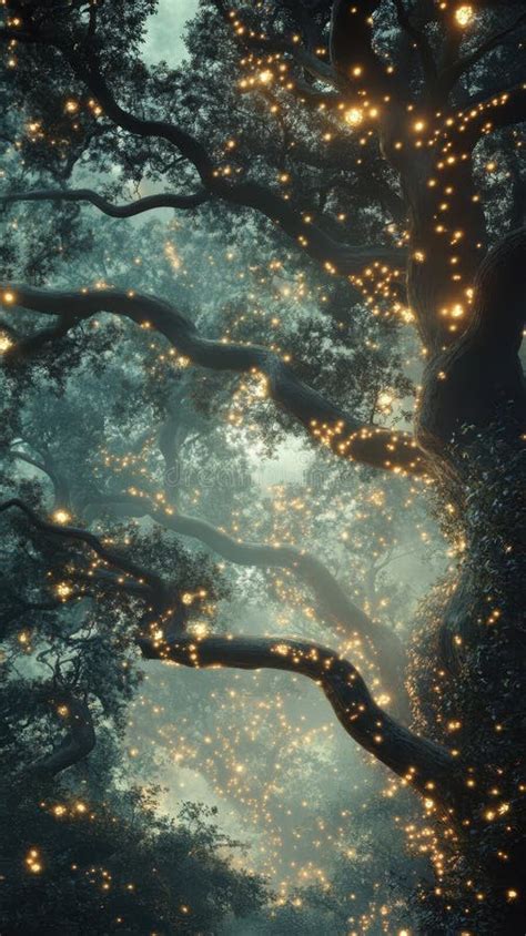 Mystical Tree With Glowing Orbs In Misty Forest Stock Image Image Of