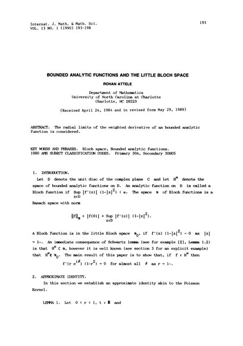 Pdf Bounded Analytic Functions And The Little Bloch Space