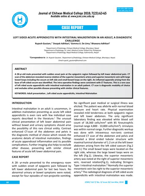Pdf Left Sided Acute Appendicitis With Intestinal Malrotation In An Adult A Diagnostic Challenge