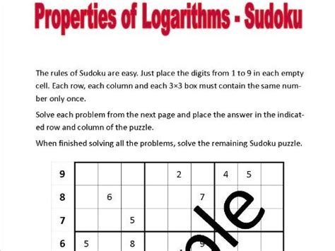 Properties Of Logarithms Sudoku Puzzle Teaching Resources