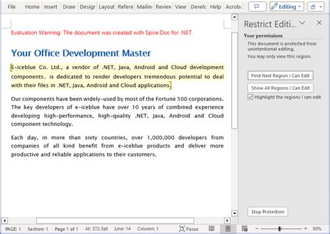 c add or remove editable area in a word document