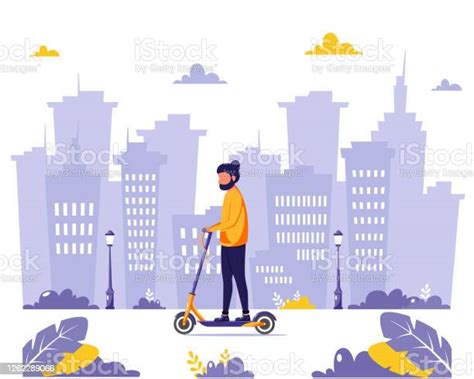 전기 킥 스쿠터를 타고 남자 에코 전송 개념 플랫 스타일로 벡터 그림 모던 양식에 대한 스톡 벡터 아트 및 기타 이미지 모던