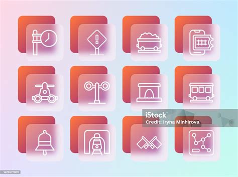 라인 온라인 티켓 예약 기차 철도 터널 철도 깃발 신호등 석탄 기차 마차 역 시계 및 느낌표 사각형 아이콘을 설정합니다 벡터 경계 표지에 대한 스톡 벡터 아트 및 기타