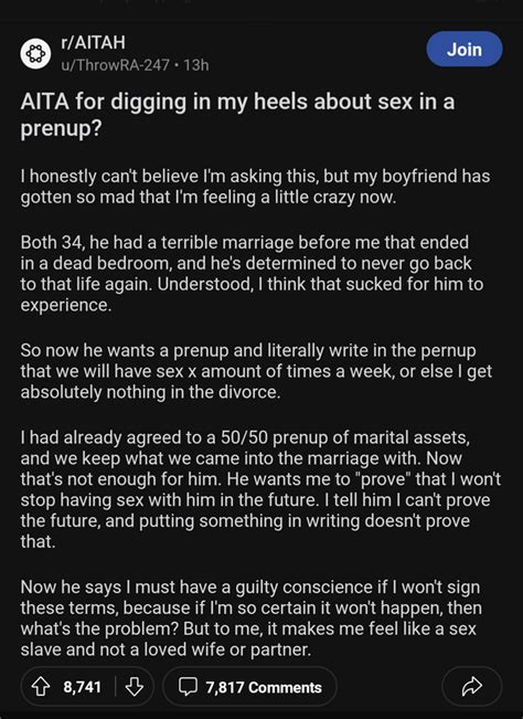 “aita for digging in my heels about sex in a prenup” r twohottakes