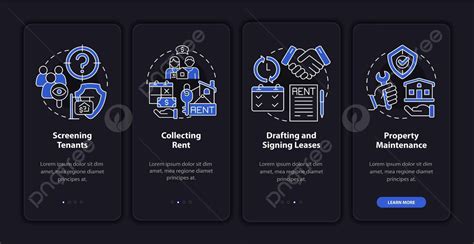 Mobile App Screen For Onboarding Property Managers In Night Mode Vector