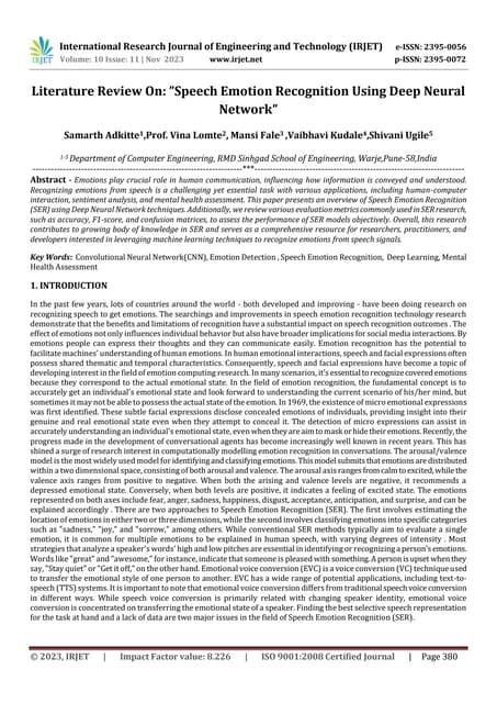 Literature Review On ”speech Emotion Recognition Using Deep Neural