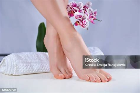 손톱과 보라색 난초 꽃 장식에 자연 색상 페디큐어와 소녀 발 난과 식물에 대한 스톡 사진 및 기타 이미지 난과 식물 발 페디큐어 Istock