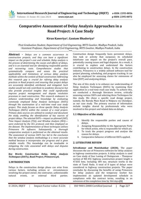 Comparative Assessment Of Delay Analysis Approaches In A Road Project