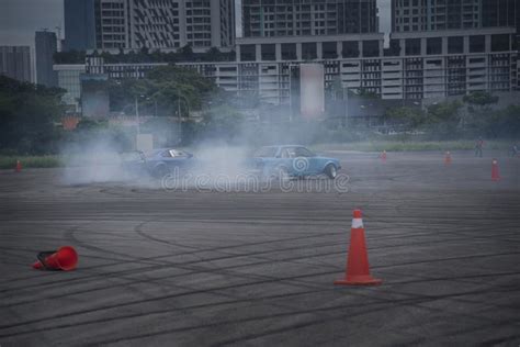 Distance Scene Of Amateur Driver Practicing Car Drifting Stock Image