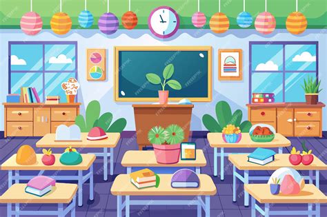 Premium Vector A Classroom With Desks And A Clock Ready For Students