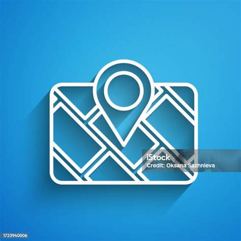 파란색 배경에 격리 된지도 아이콘이있는 흰색 줄 Gps 장치입니다 긴 그림자 벡터 Brand Name Smart Phone에 대한 스톡 벡터 아트 및 기타 이미지