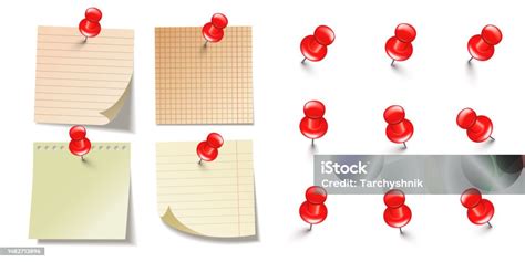 흰색 배경에 격리된 현실적인 빈 스티커 메모 빨간색 푸시 핀이 있는 갈색 메모지 종이 알림 및 바늘이 있는 플라스틱 압정 보드 압정 벡터 그림 0명에 대한 스톡 벡터 아트
