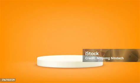빈 오렌지 스튜디오 방 배경입니다 베이지 색 연단과 함께 주황색 배경 벡터 3d 벡터 일러스트 레이 션 0명에 대한 스톡 벡터 아트 및 기타 이미지 Istock
