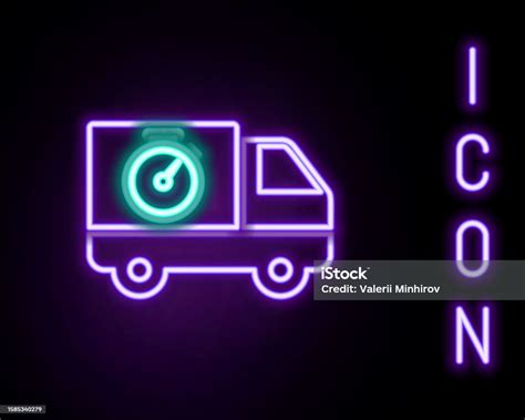빛나는 네온 라인 물류 배달 트럭과 검은 배경에 격리 스톱 워치 아이콘 배달 시간 아이콘입니다 다채로운 개요 개념 벡터 교통수단에 대한 스톡 벡터 아트 및 기타 이미지
