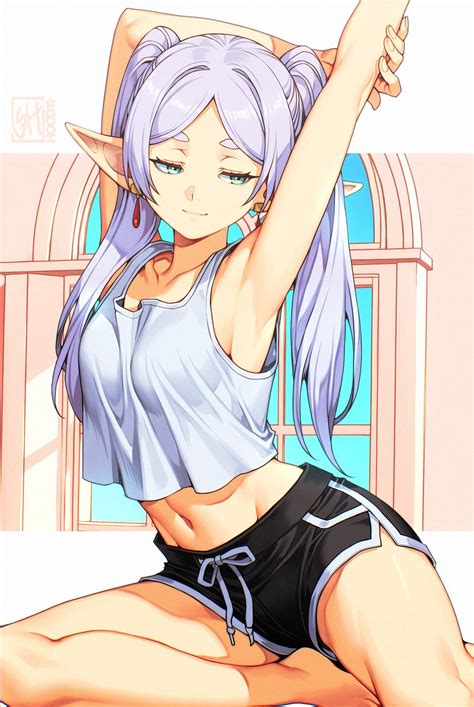 Frieren Stretches Her Arm While Sitting On A Bed Wearing Casual Attire