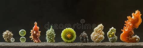 sequence showcasing evolution of bacteria through distinct forms and