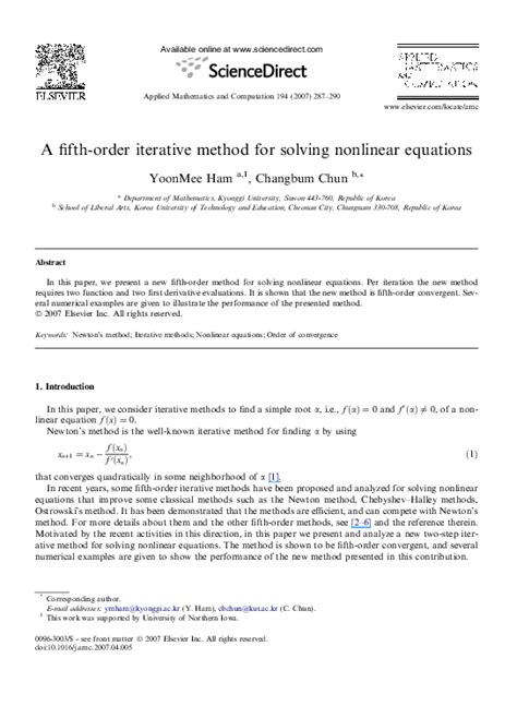 Pdf A Fifth Order Iterative Method For Solving Nonlinear Equations