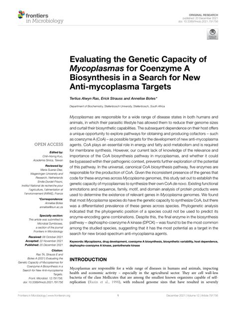 PDF Evaluating The Genetic Capacity Of Mycoplasmas For Coenzyme A