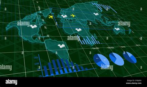 Image Of Airplane Icons And Bar Graphs Over World Map Representing Global Air Traffic Data