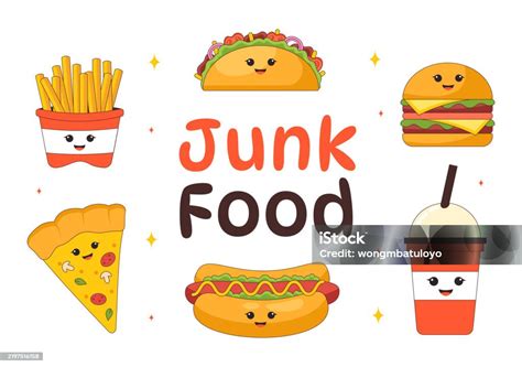 패스트 푸드 식사를 특징으로하는 정크 푸드 벡터 일러스트 레이 션 예를 들어 감자 튀김 피자 프라이드 치킨 그리고 햄버거 플랫 스타일 만화 배경 감자 요리에 대한 스톡 벡터