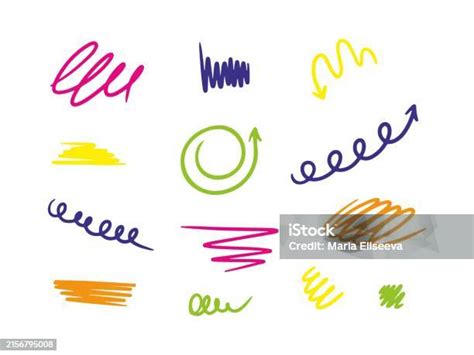낙서 화살표 스프링 및 나선형 세트 손으로 그린 코일 아이콘 낙서 선 소용돌이 화살표 휘갈겨 쓴 글씨 낙서 컬러 드로잉 방향 포인터 개체 그룹에 대한 스톡 벡터 아트 및