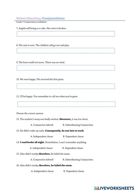Subordinating Conjunctions Conjunctive Adverbs Online Exercise For Live Worksheets