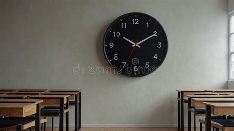 Empty Classroom With Large Wall Clock Showing 1010 In A Modern Sunlit