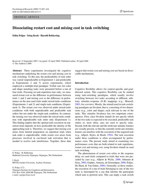 Pdf Dissociating Restart Cost And Mixing Cost In Task Switching
