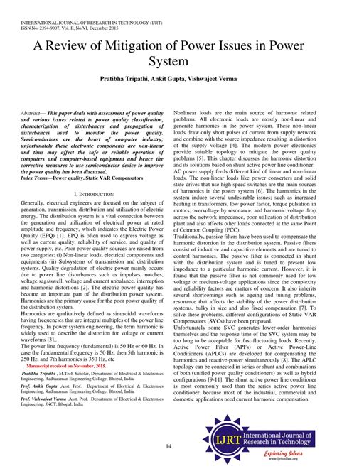 PDF A Review Of Mitigation Of Power Issues In Power System