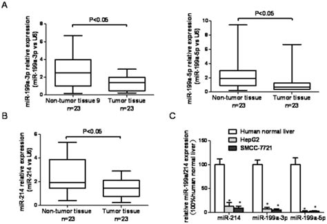a box plot graphic displays of 23 hcc and matched adjacent benign