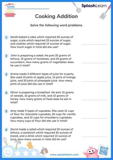 Add 3 Numbers Within 100 Cooking Word Problems Worksheet