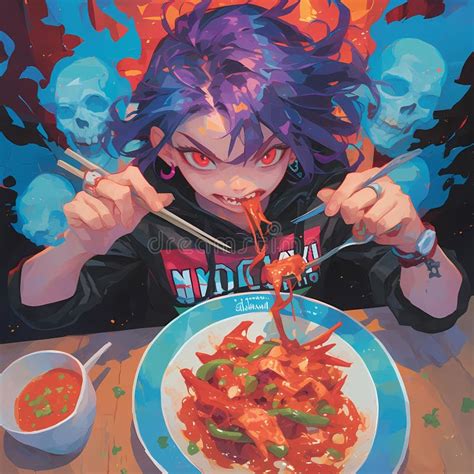 Excited Anime Girl Competes In Spicy Pepper Eating Contest Stock