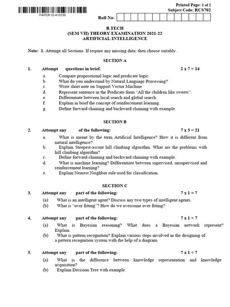 Btech Cs 7 Sem Artificial Intelligence Rcs702 2022 Pdf Artificial