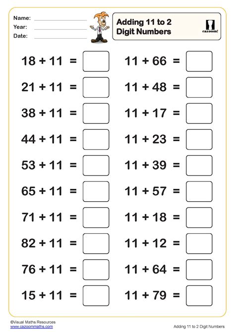 adding 11 to 2 digit numbers worksheet 20 questions fun and