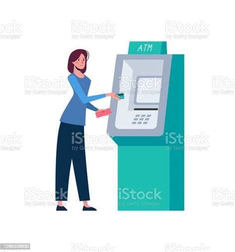 여자는 현금인출기 의 은행 카드 보충을 통해 돈을 인출합니다 소녀는 지갑을 들고 Atm 은행 운영에 신용 카드를 삽입 평면