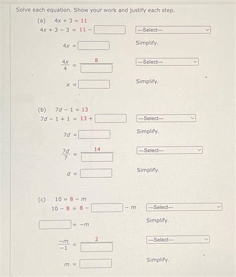 solved solve each equation show your work and justify each