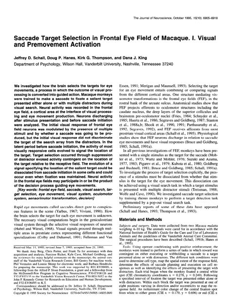 Pdf Saccade Target Selection In Frontal Eye Field Of Macaque I Visual And Premovement Activation