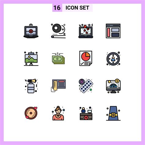 Set Of 16 Vector Flat Color Filled Lines On Grid For Office User Laptop Sidebar Interface