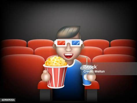 영화 폴 3d 안경 큰 팝콘 소 다 물 남성 남자 남자 소년 캐릭터 앉아 안락의 자 현실적인 만화 플랫 디자인 벡터 일러스트 레이 션 3차원 형태에 대한 스톡 벡터 아트 및