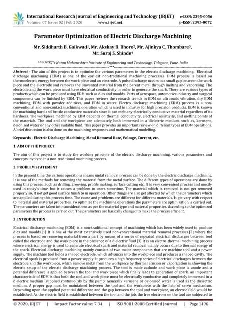 IRJET- Parameter Optimization of Electric Discharge Machining | PDF