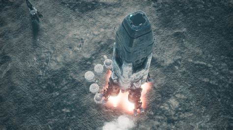 로켓은 달 우주 식민지 근처 달에 착륙 우주 로켓은 화재 배기와 연기를 분출한다 이미지는 소설 미래 또는 우주 여행 배경을위한 것입니다 3d 렌더링 달 표면에 대한 스톡