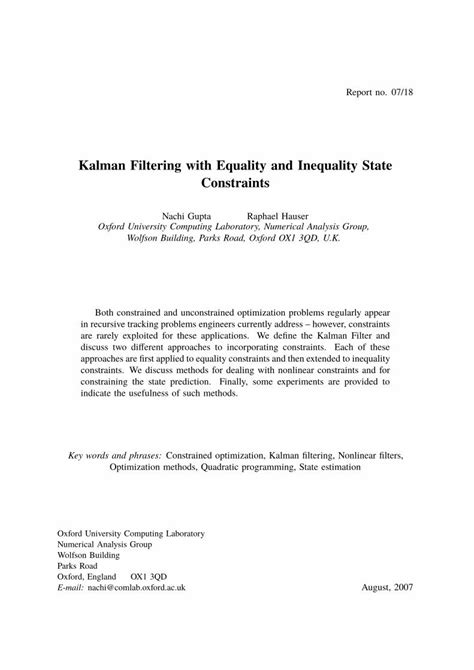 Pdf Kalman Filtering With Equality And Inequality State · Kalman