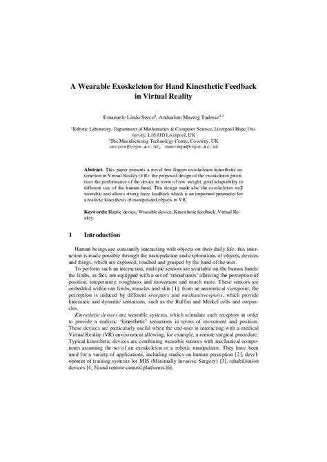 Pdf A Wearable Exoskeleton For Hand Kinesthetic Feedback In Virtual Reality