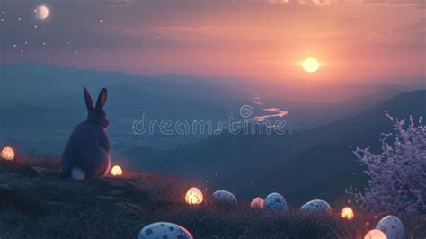 Rabbit Sitting At Hill While Looking At Twilight Sky With Fantasy Lamp AIG Stock Photo