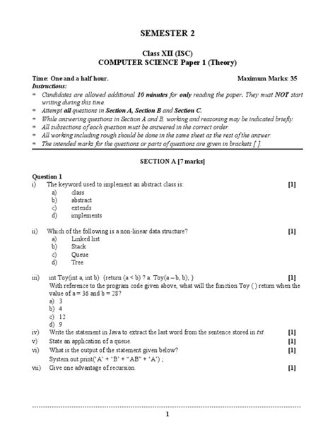 semester 2 class xii isc computer science paper 1 theory pdf method computer