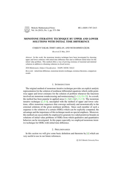 Pdf Monotone Iterative Technique By Upper And Lower Solutions With Initial Time Difference