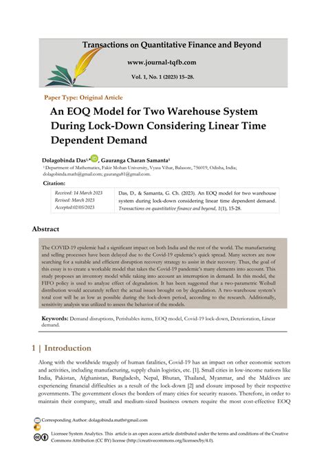 Pdf An Eoq Model For Two Warehouse System During Lock Down Considering Linear Time Dependent