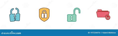 Set Broken Or Cracked Lock Shield Security With Open Padlock And Folder And Icon Vector Stock
