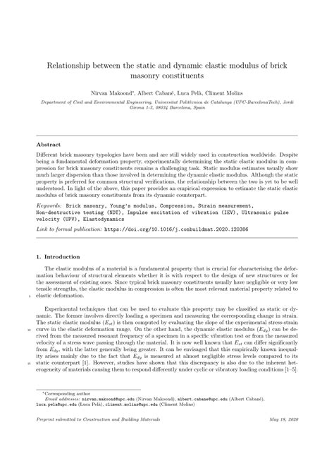 PDF Relationship Between The Static And Dynamic Elastic Modulus Of Brick Masonry Constituents