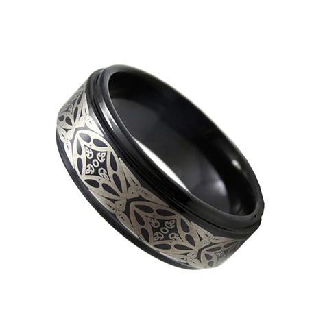 8mm Mens Black Tungsten Carbide Rings Laser Patern Polished Step Edges